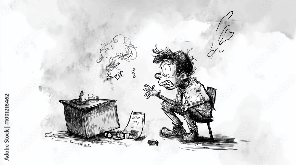 A cartoon character is frightened while sitting on a chair, with a ...