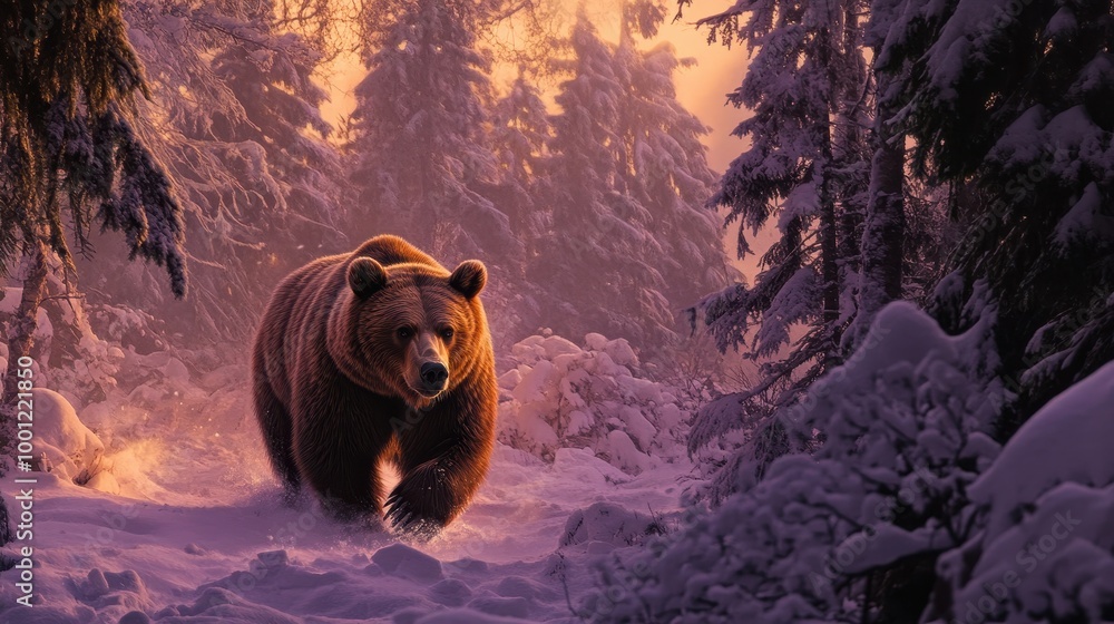 Bear Walking Through Snowy Forest at Dusk Stock Illustration | Adobe Stock