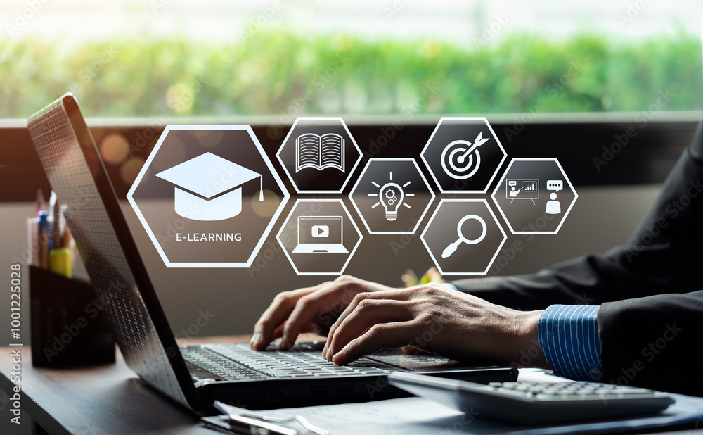 Professional Engaging with E-Learning Platforms on Laptop, Highlighting Virtual Education Tools ...