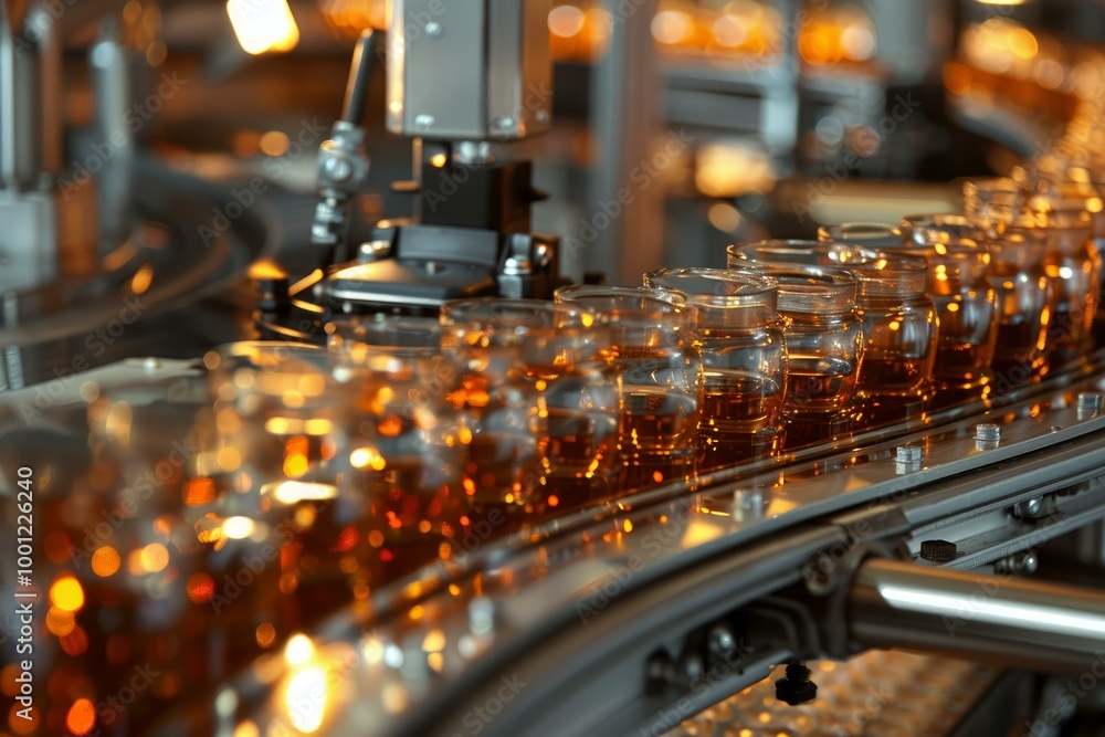 Glass jars full of orange juice moving on a conveyor belt in a food ...