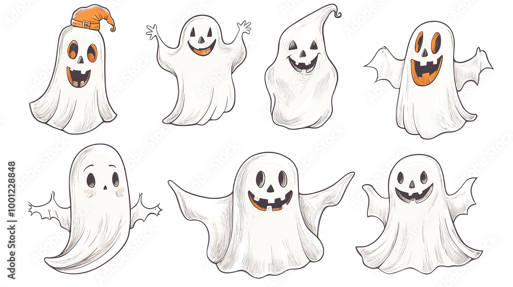 Cute Halloween Ghost Clipart Set Spooky Cartoon Illustration Stock ...