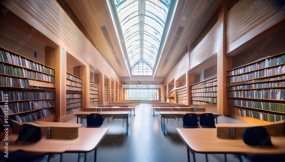 Utilize an abstract, blurred depiction of an empty college library ...
