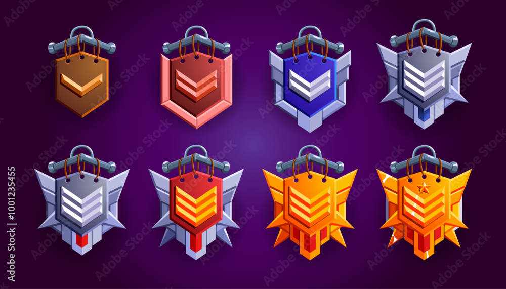 Level game rank badges set. 12 Realistic vector of woody, silver ...