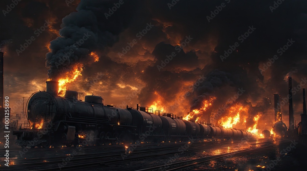 Freight train depot at night engulfed in flames, with cargo tanks ...