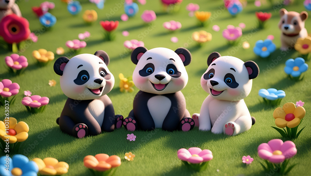 3d Cartoon Playful Animal Friends in a Bright-Flowered Landscape for ...