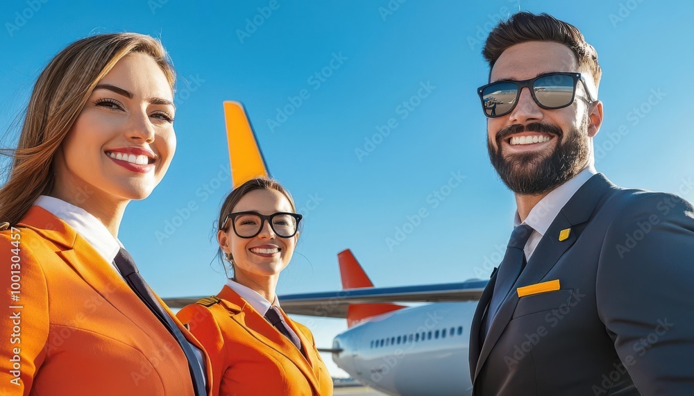 Airline crew standing together in front of an airplane, flight ...