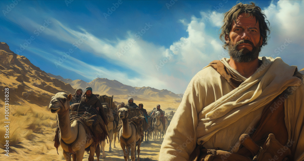 Abraham leading a caravan through a vast desert landscape, with camels ...