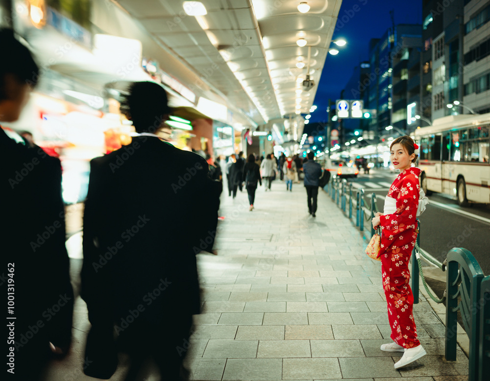 Asian girl standing out from the crowd at a city street in Japan. Stock ...