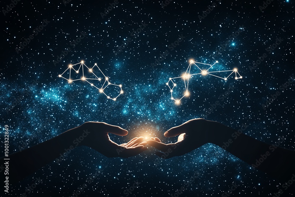 Hands holding glowing orb in starry night sky with constellations ...