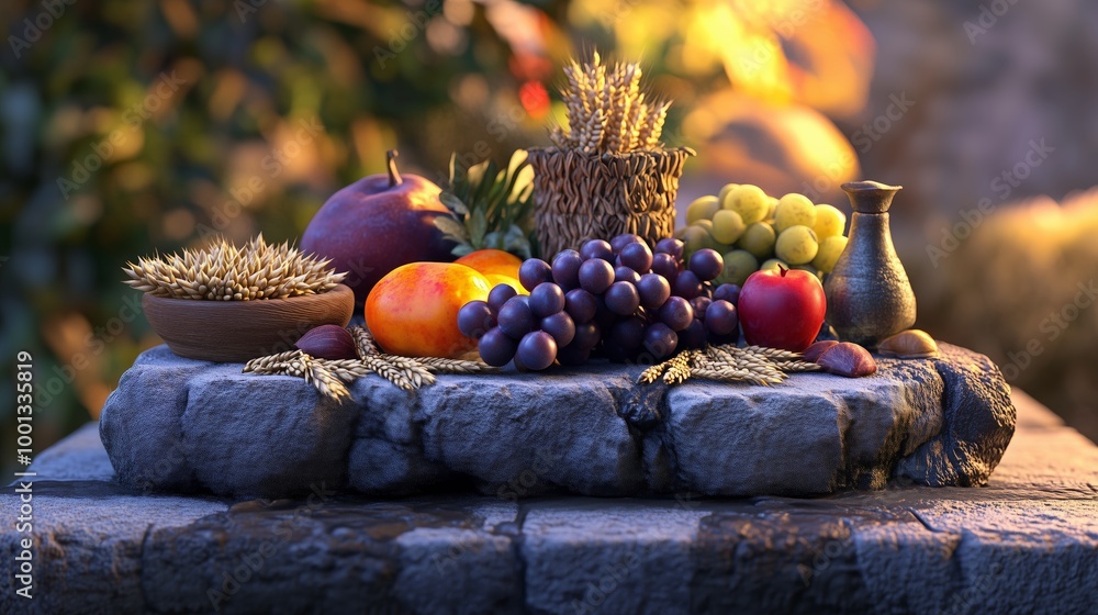 Cartoon-style image of a stone altar with various grains and fruits ...