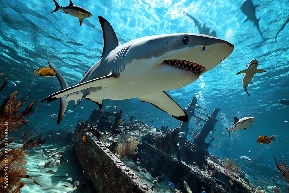 3D sharks circling a digital shipwreck, with detailed marine life ...