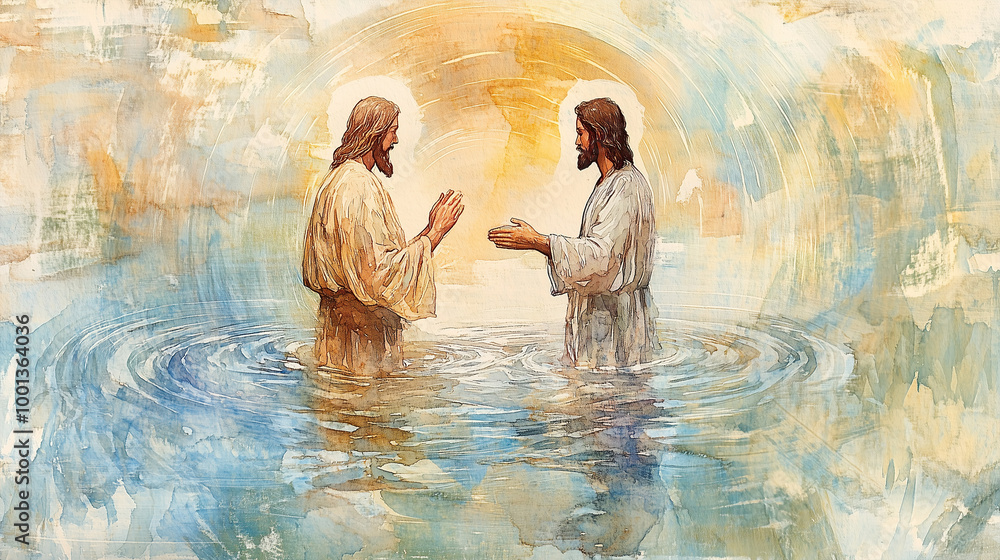 Watercolor painting, the Baptism of Jesus Christ by John the Baptist and the Holy Spirit in the ...
