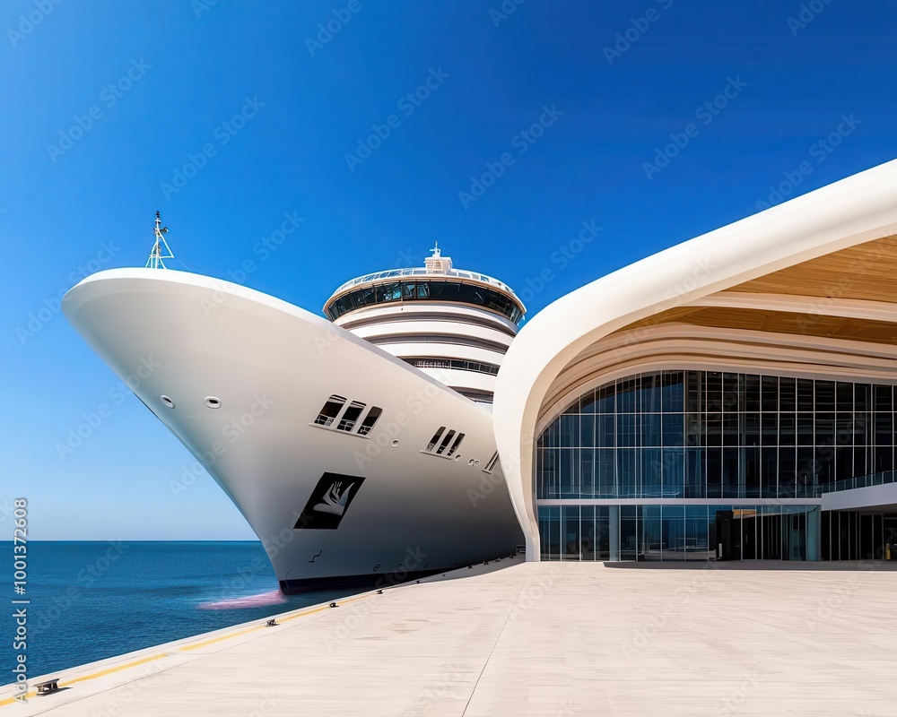 Cruise ship docked at a modern cruise terminal, with sleek architecture ...