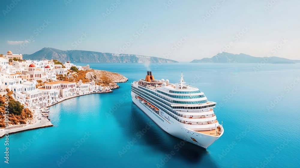 Cruise ship docked at a vibrant Greek island, with whitewashed ...