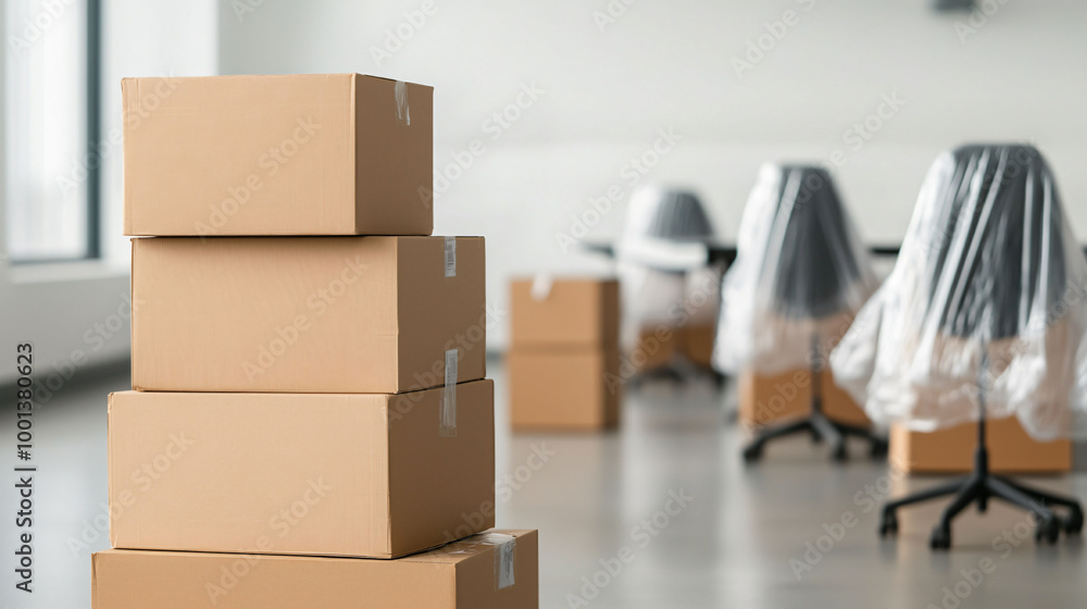 stack of moving boxes in minimalist workspace, conveying sense of ...