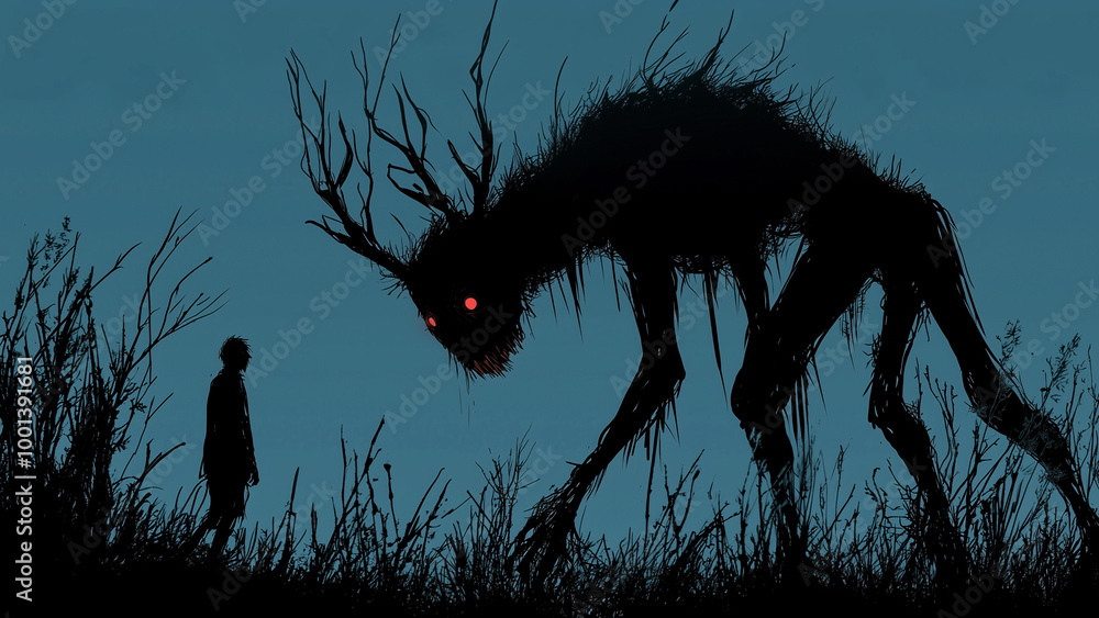 A wendigo stalking a human - monster, child, silhouette, night, forest ...