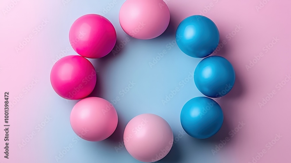 A circular arrangement of pink and blue orbs on a gradient background ...