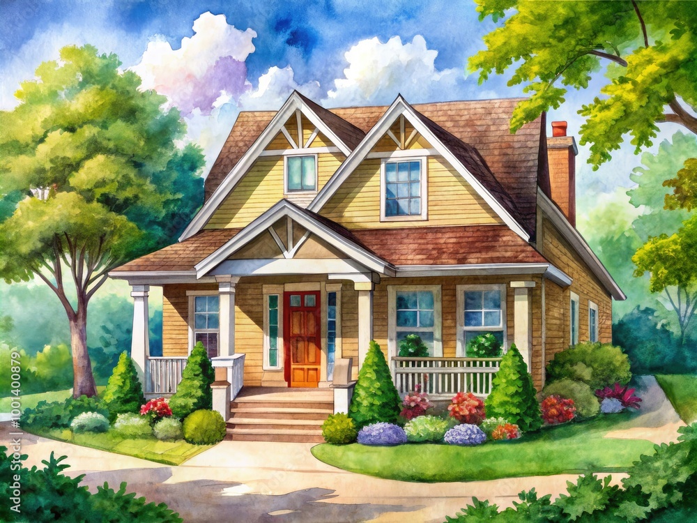 Colorful architectural drawing of a charming single-story house with a ...
