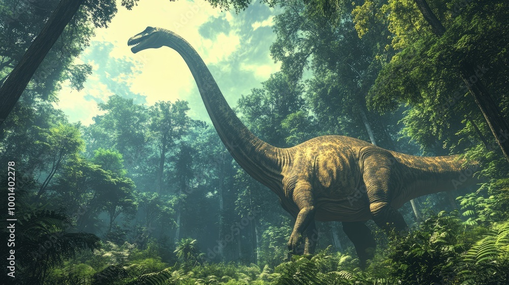 Majestic depiction of a Brachiosaurus towering over trees in a ...