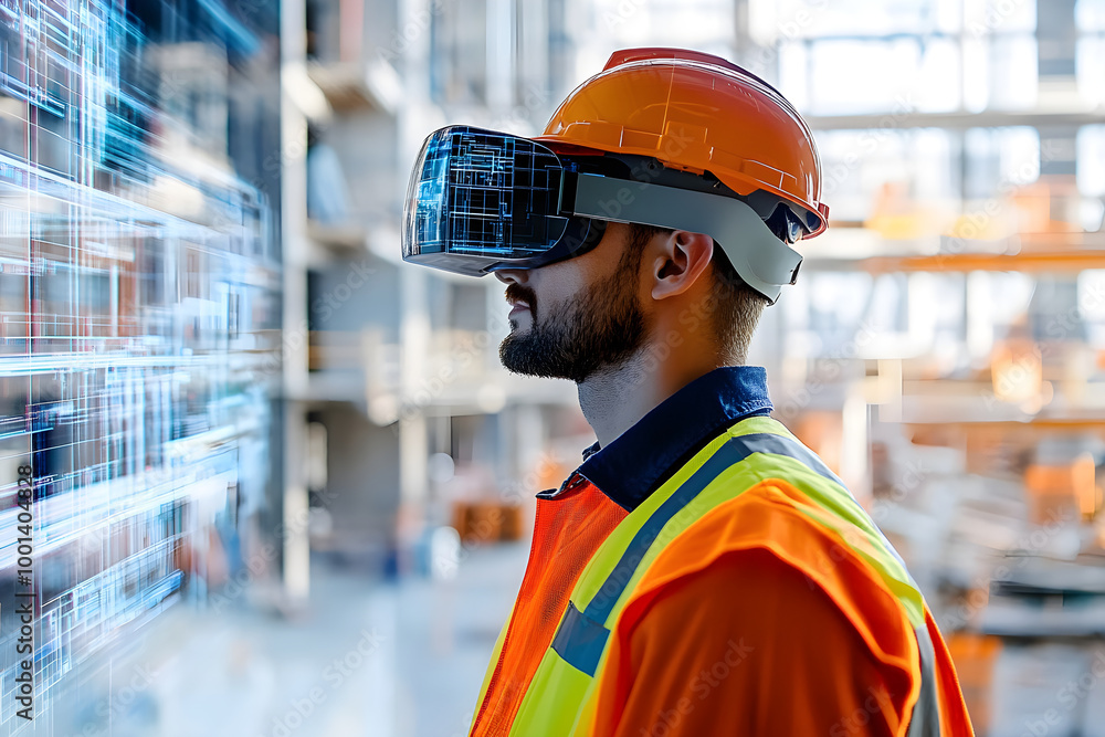 construction engineer wearing virtual reality headset is immersed in ...