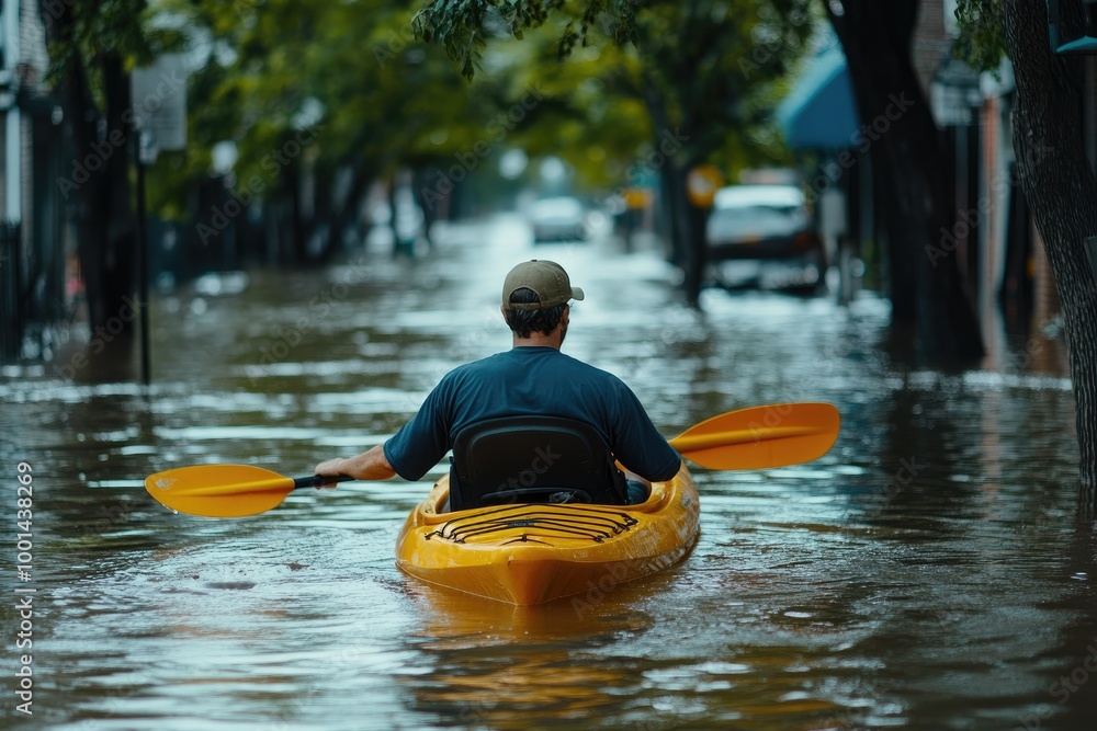 Man kayaks through a flooded city street. This photo is perfect for ...