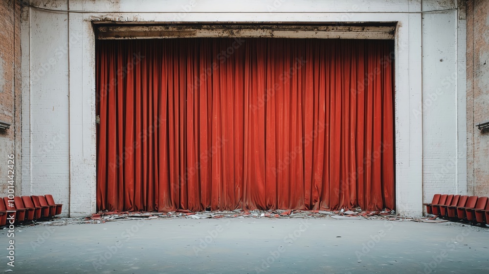Derelict theater with tattered red curtains and broken seats, once a ...