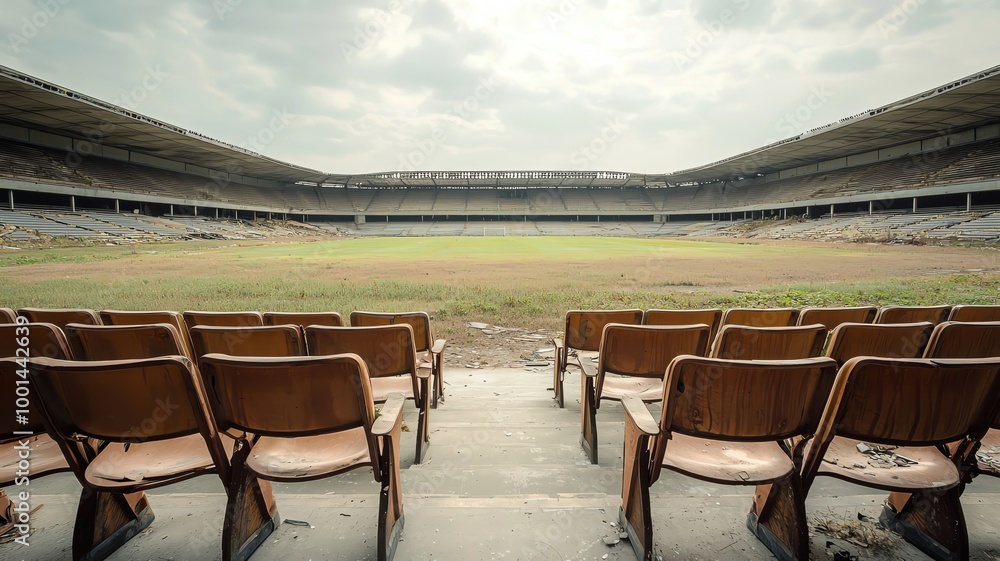 Deserted football stadium with broken seats and an overgrown field ...