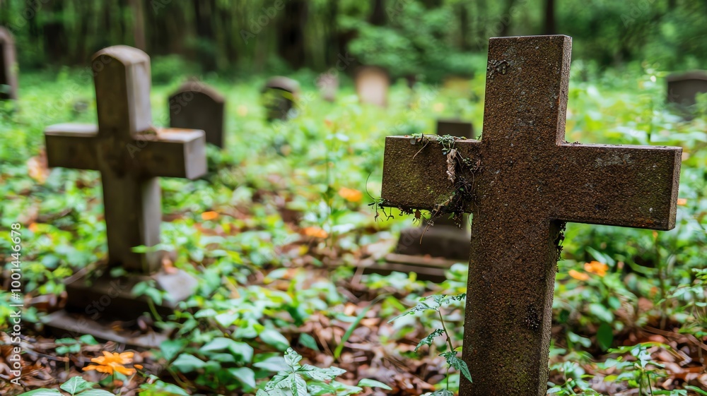 Overgrown cemetery with broken tombstones and forgotten graves, long ...