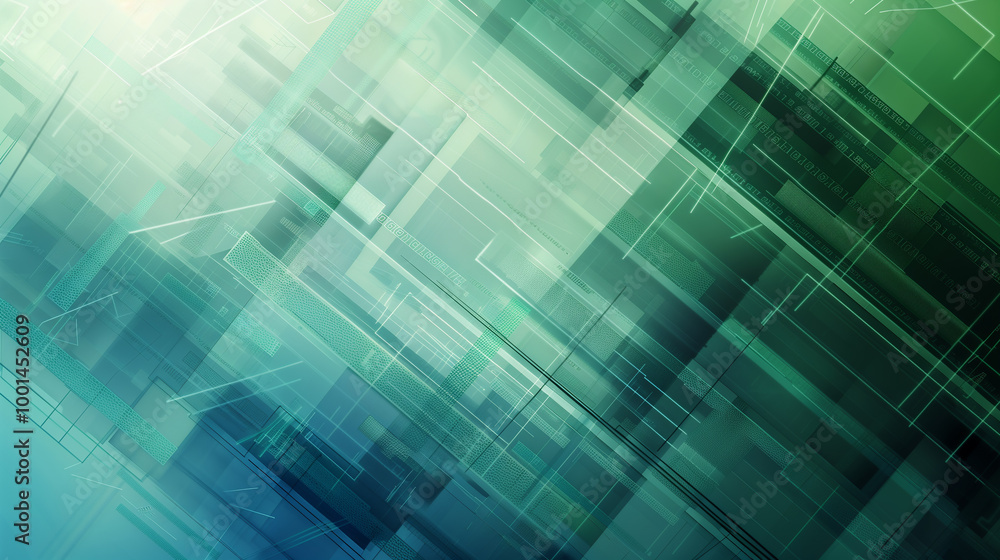 Abstract tech background featuring overlapping layers of transparent blue and green data grids ...