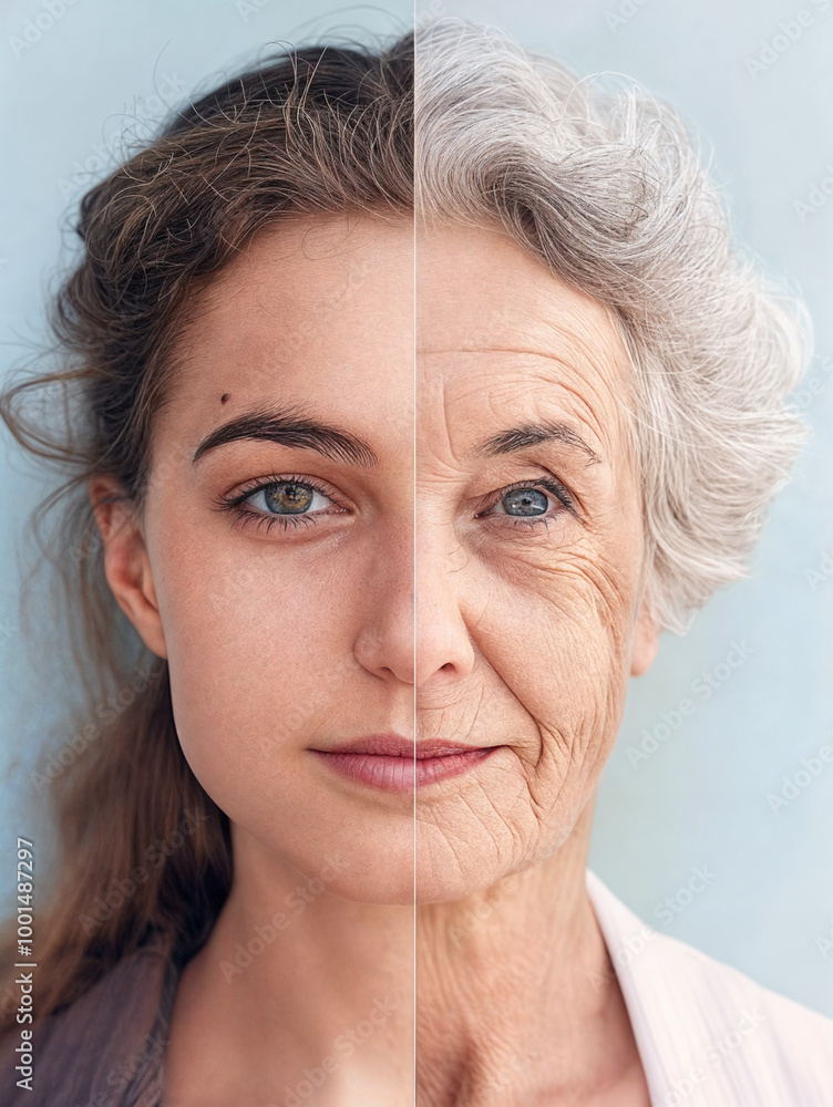 Split face. the contrast between youth and age, featuring a young woman ...