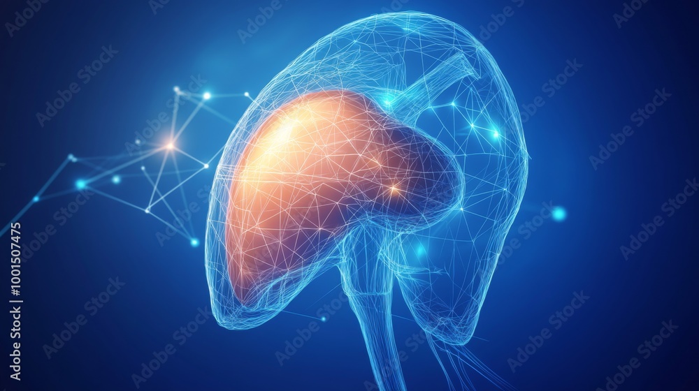 A medical illustration of the human liver, highlighting its position in ...