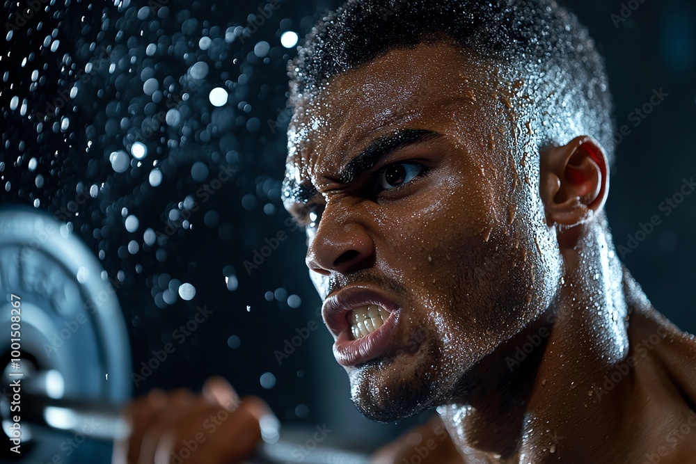 Hyper-realistic close-up of a weightlifter, capturing every drop of ...