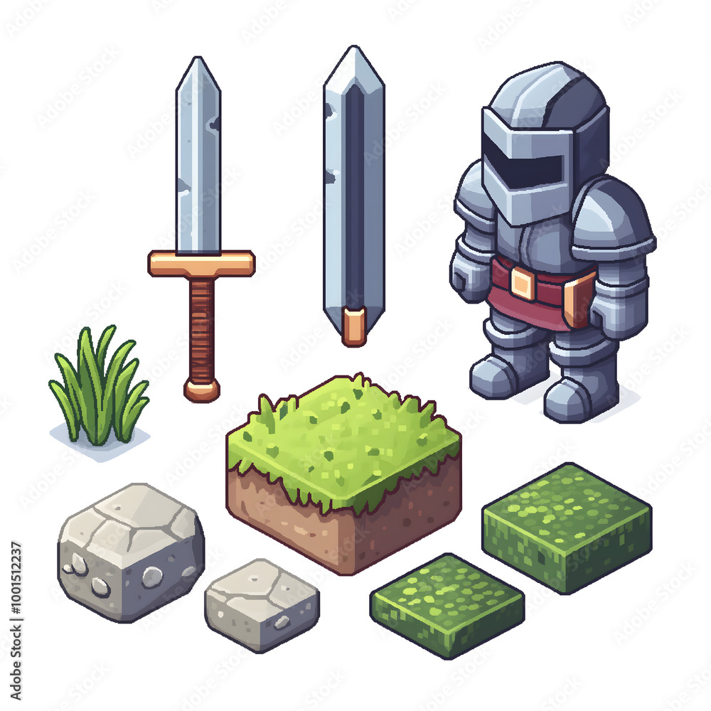 simple cubic image a set of game components: sword, armor, helmet ...
