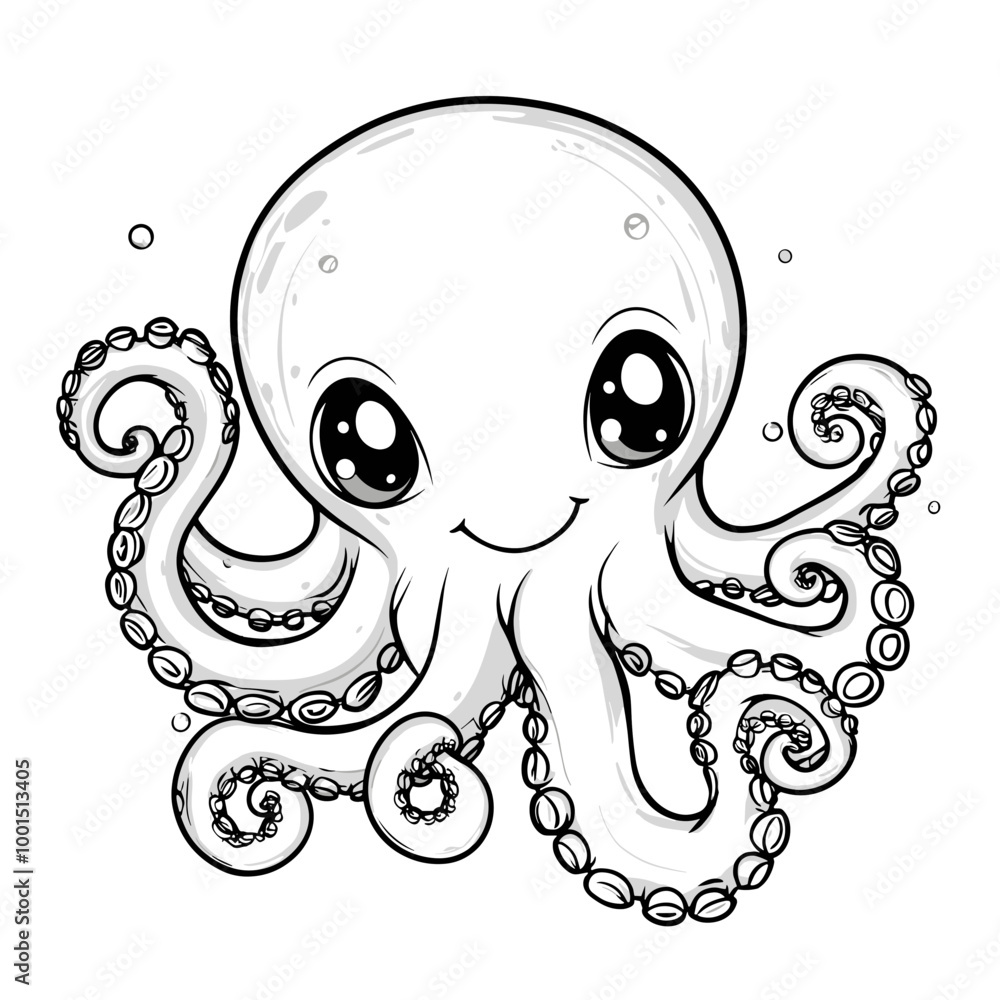 Cute Kawaii octopus coloring Pages Kids Stock Vector | Adobe Stock