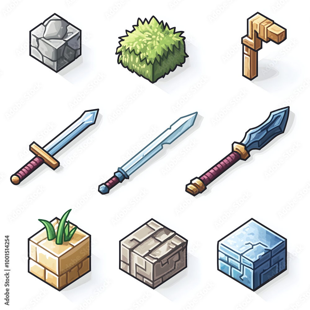 simple cubic image a set of game components: sword, armor, helmet ...