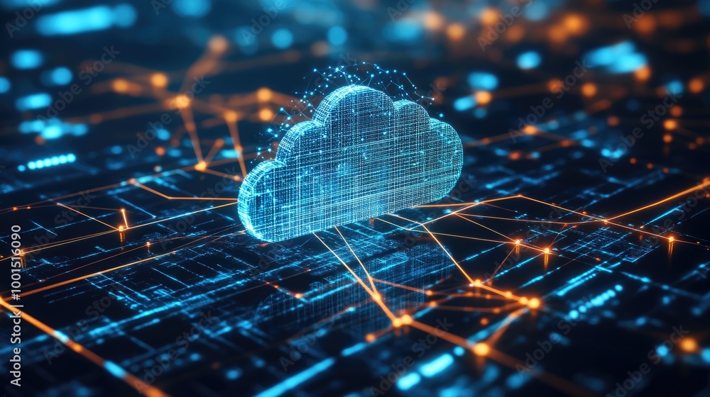 Sleek tech background with a prominent cloud logo amidst a network of ...