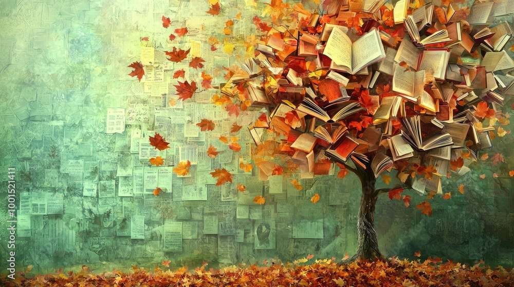 green #73b446 background with Excel columns and charts, autumn tree ...