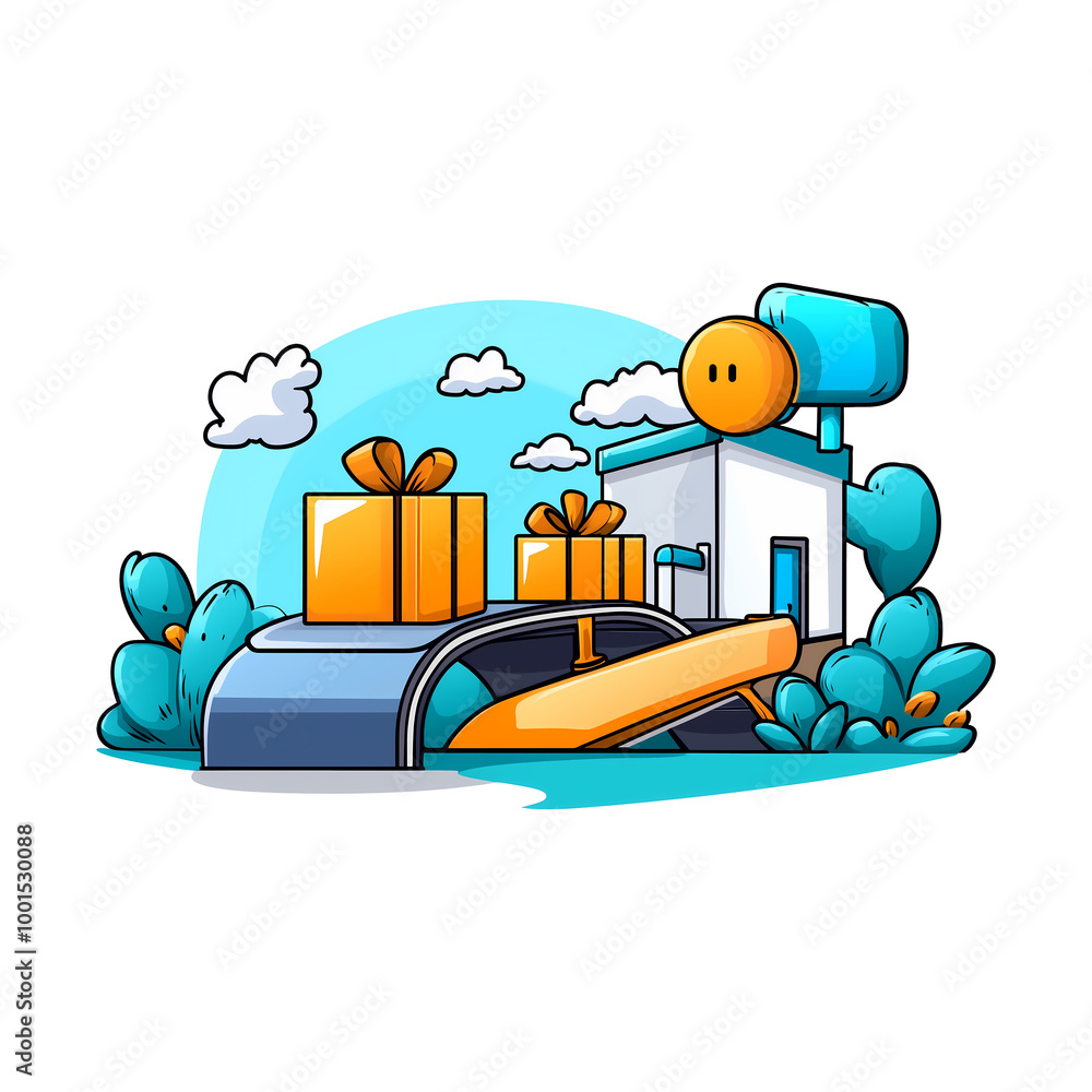 Cartoon warehouse with conveyor belt and gift boxes. Transparent ...