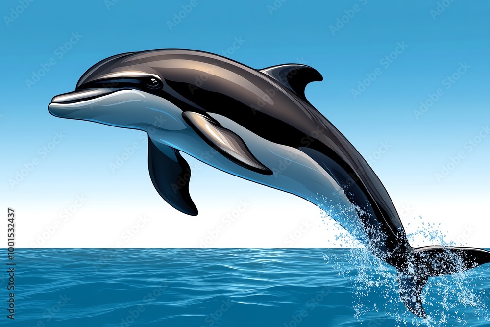 Minimalist outline of a dolphin, sleek and simple, jumping above a line ...