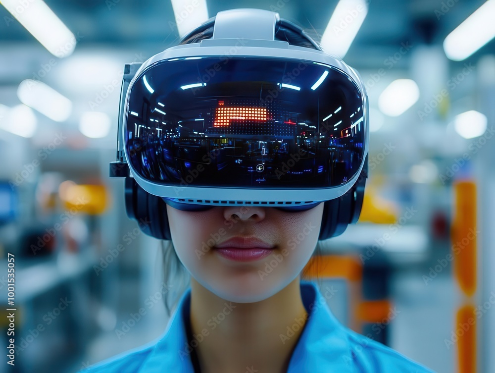 Factory worker wearing a smart helmet with AR display, augmented ...