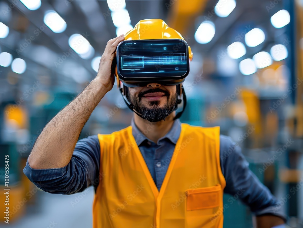 Factory worker wearing a smart helmet with AR display, augmented ...