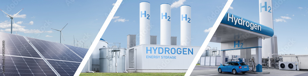 Collage of three parts: renewable energy sources, hydrogen factory ...