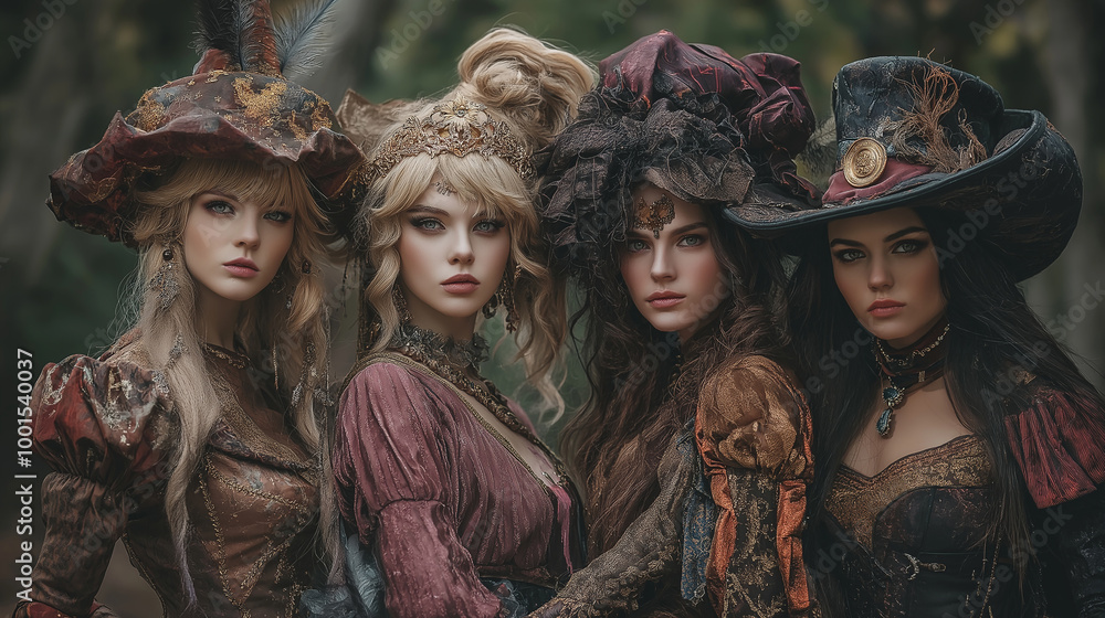 Four women of varying ages and backgrounds styled in classic vintage ...