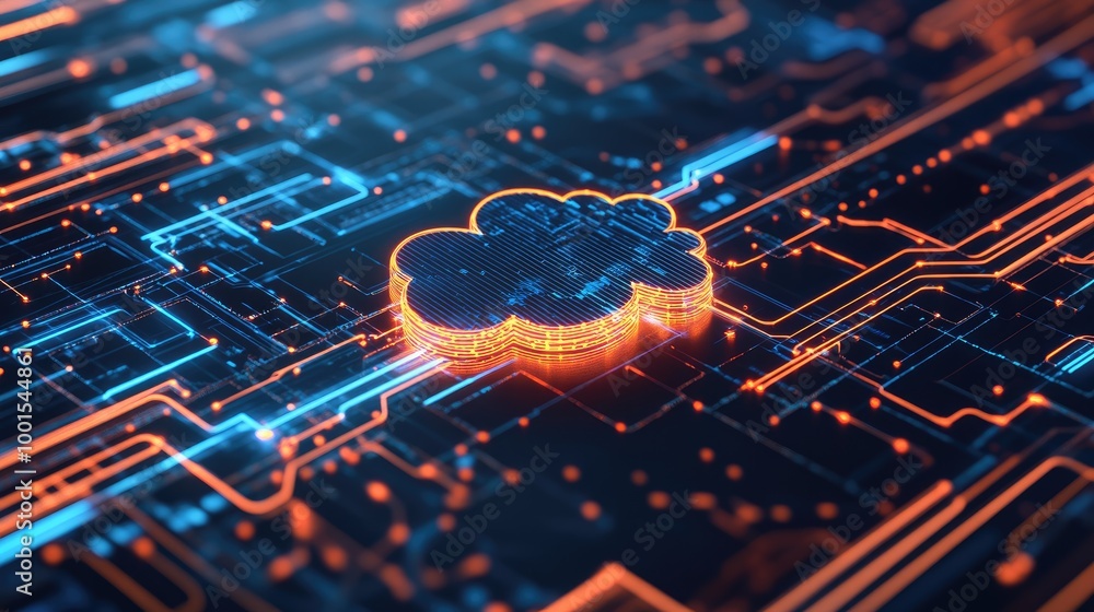 Advanced technology graphic with a central cloud logo and a complex web ...