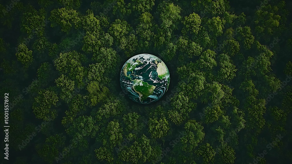 Aerial top view green forest with globe earth Green planet in your ...