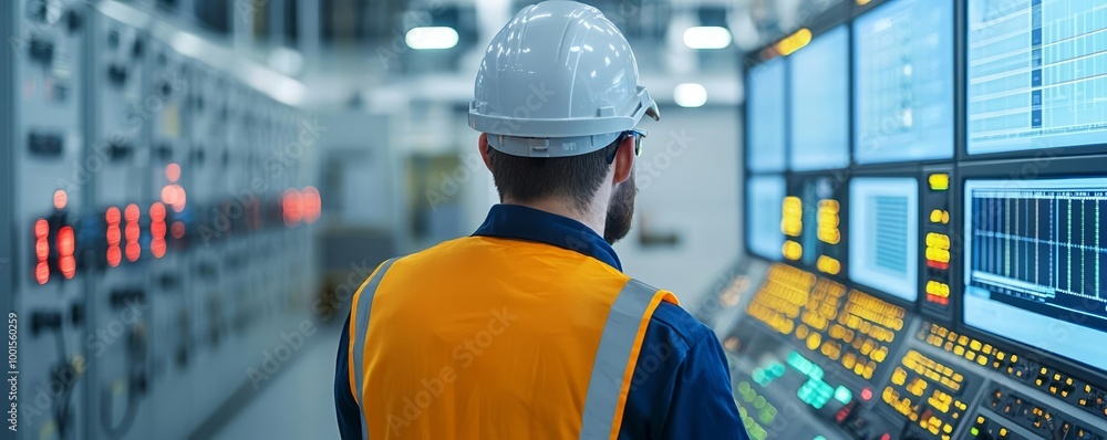 Electrical technician in a high-tech control room, calibrating power ...