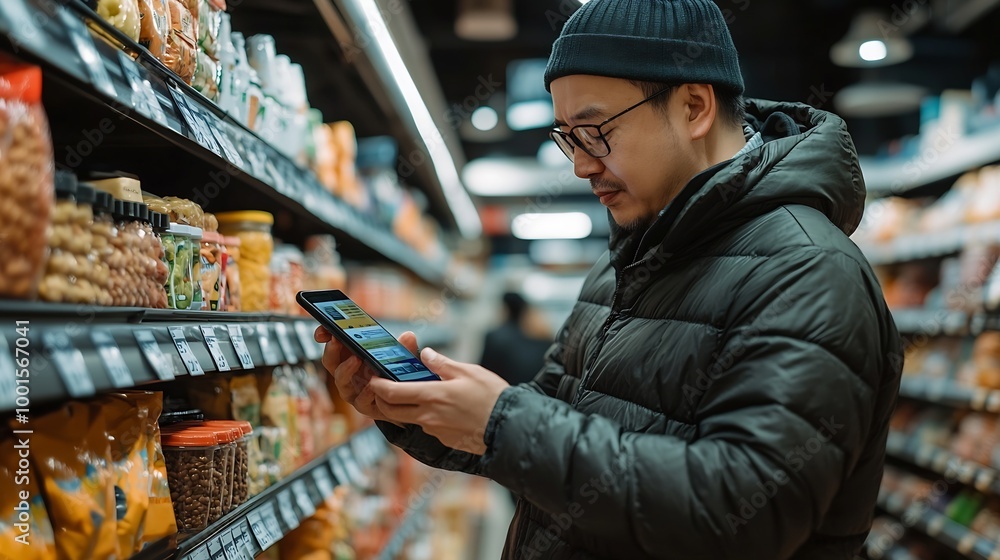Customer doing grocery shopping at the supermarket he is checking ...