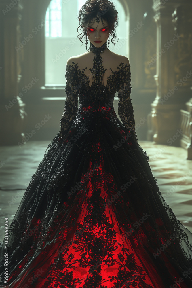 dark queen vampire in a dramatic red and black gown stands ominously in ...