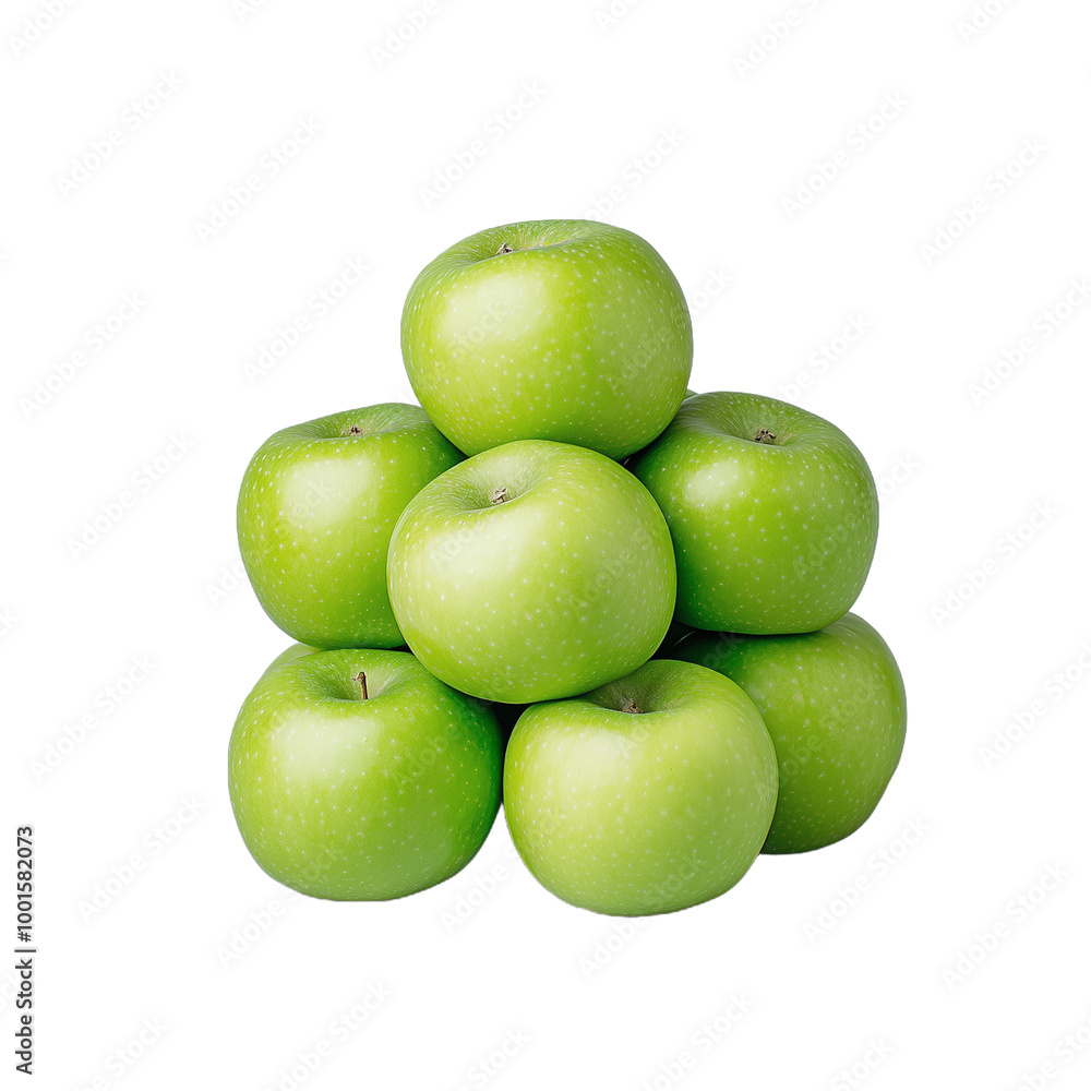 Fresh green apples stacked in a pyramid shape on a transparent ...