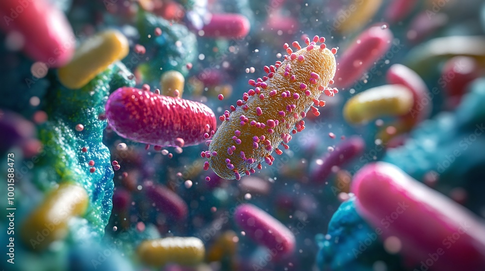 probiotics bacteria in the human stomach seen under a microscope, with ...